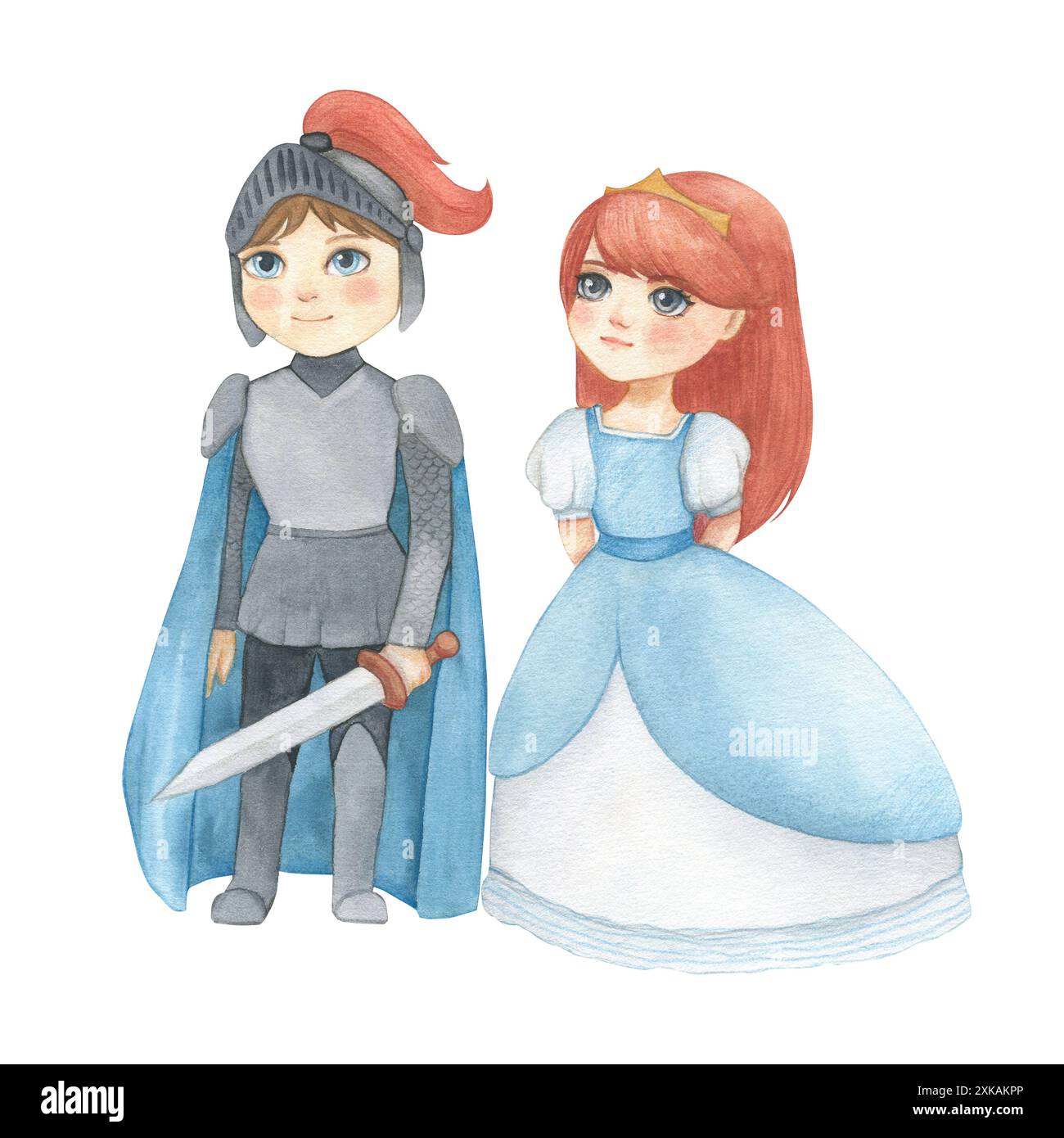 Watercolor illustration of a fantasy prince in blue and gray armor with ...