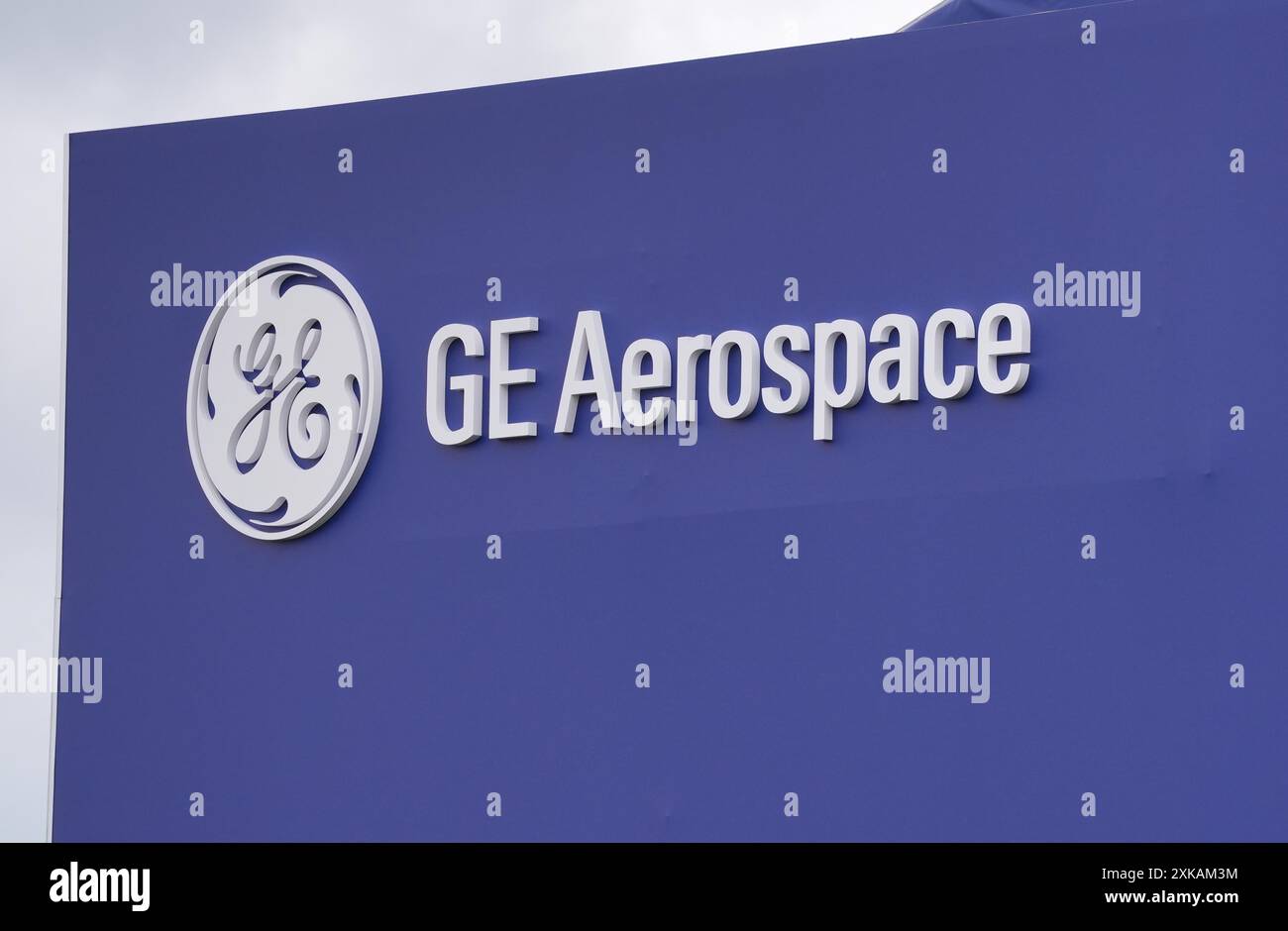 A sign for GE Aerospace at the Farnborough International Airshow in ...