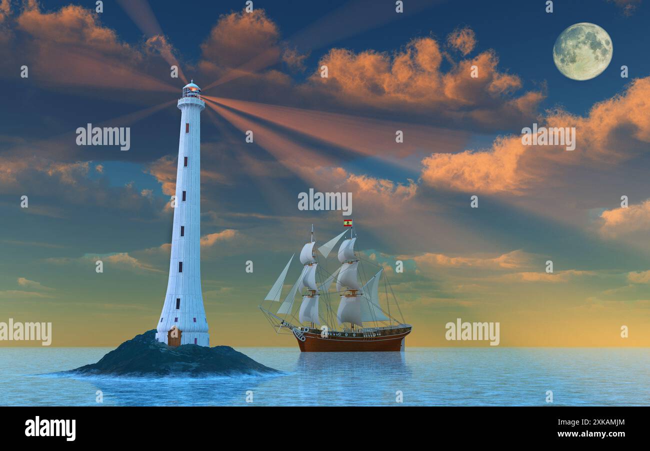 Lighthouse & Sailing Ship Stock Photo - Alamy