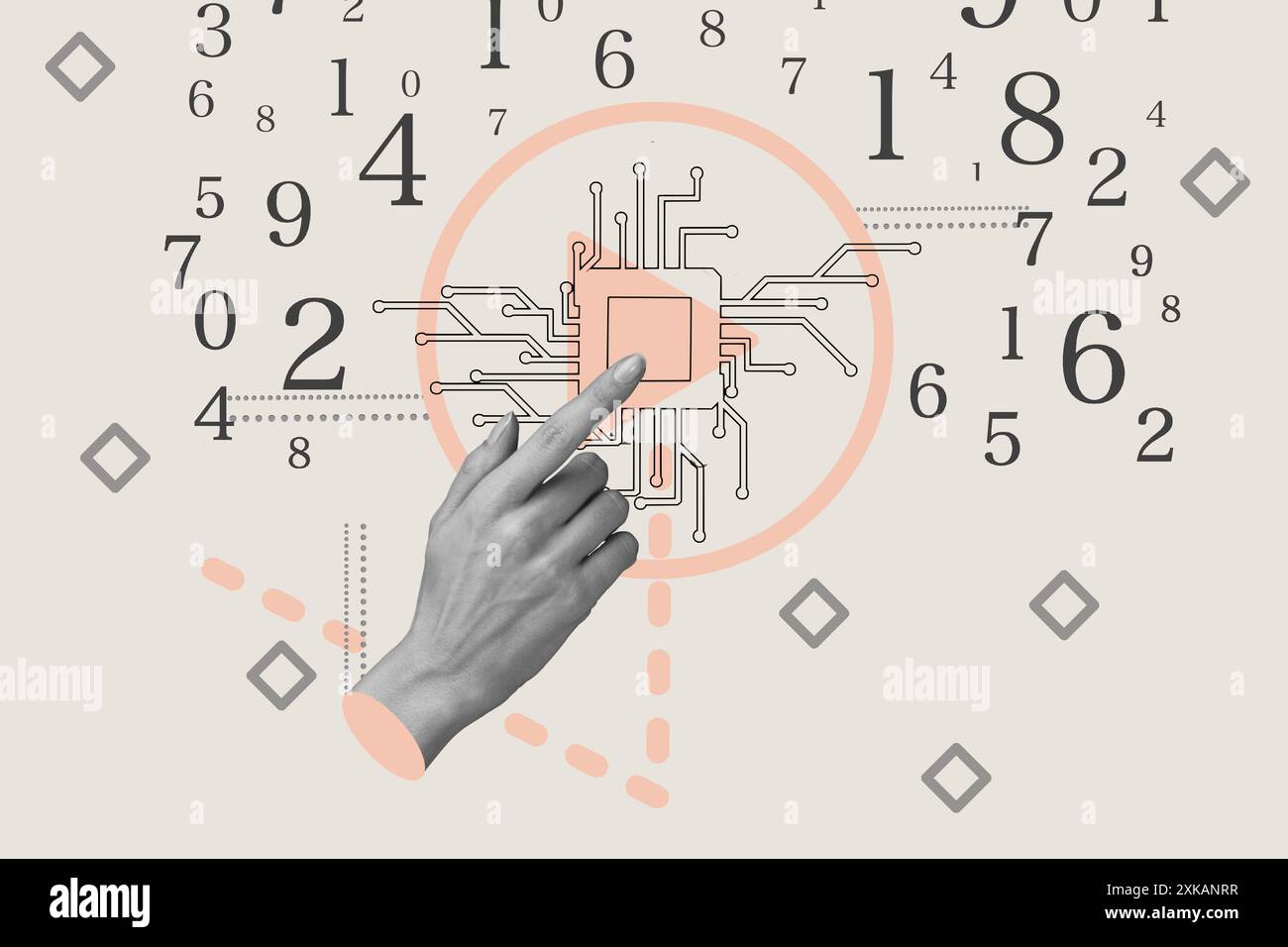 A hand touching a microchip on a background with numbers of different ...