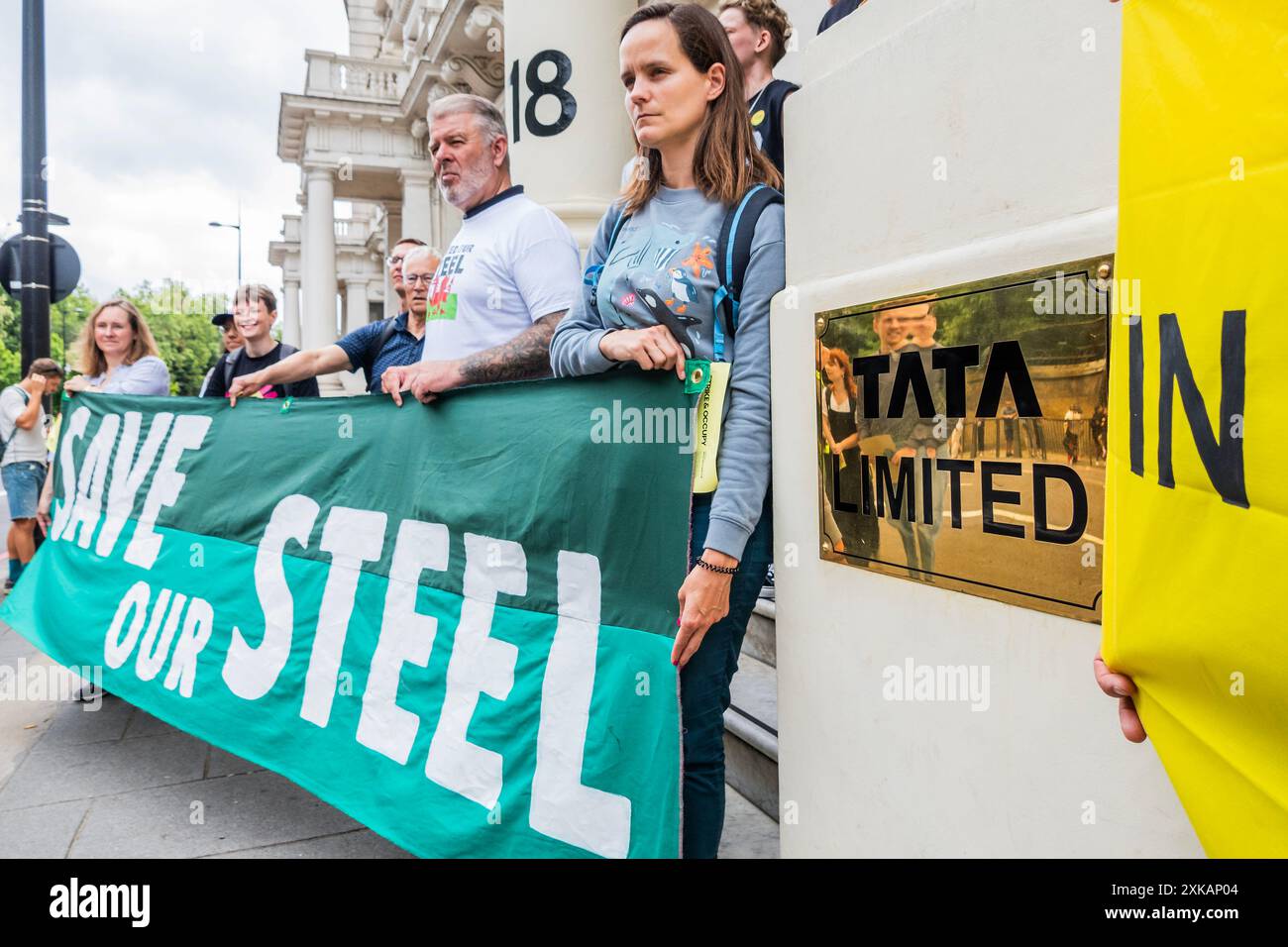 London, UK. 22nd July, 2024. Climate groups' protest at Tata Steel HQ ...