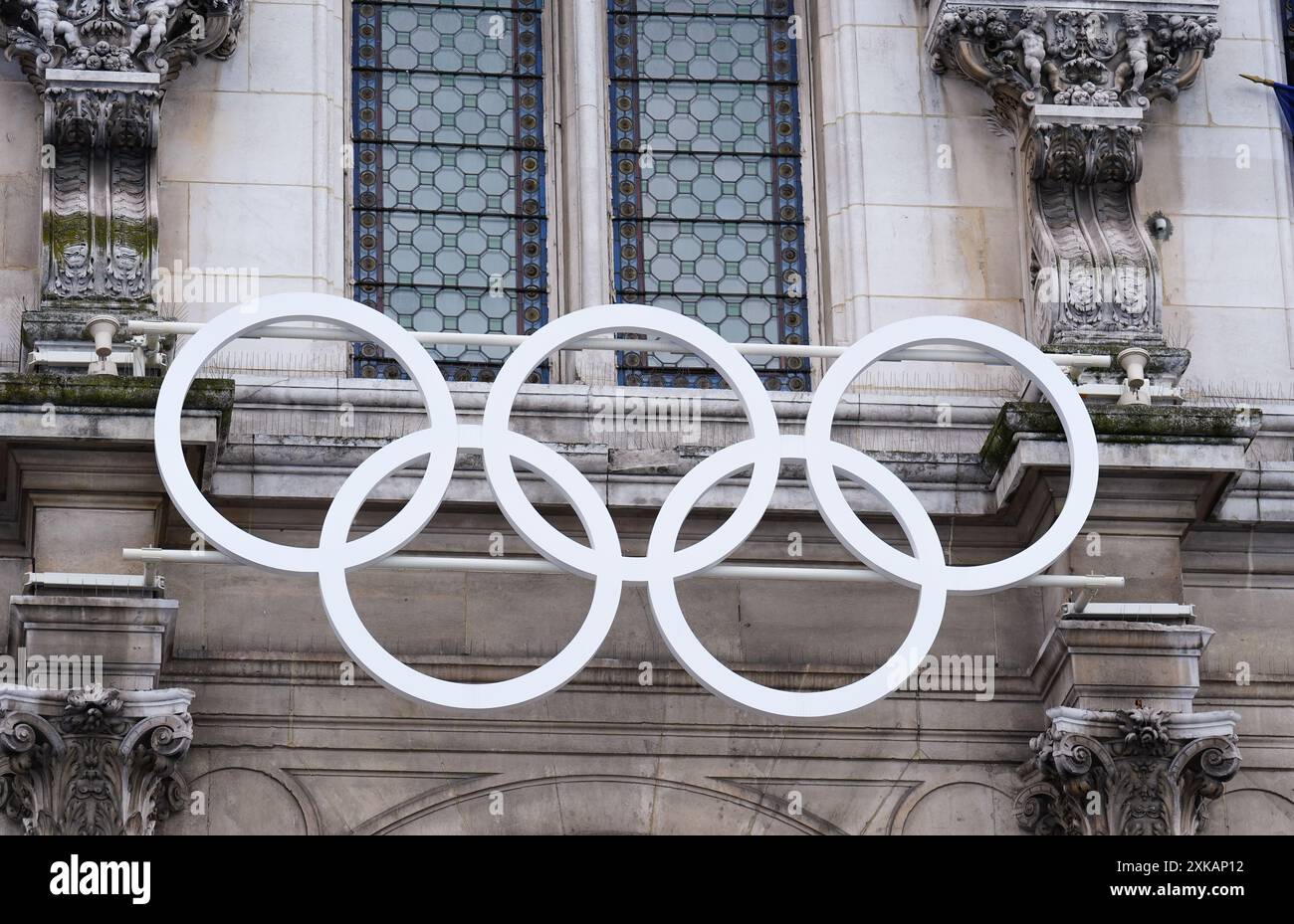 A general view o the Olympic Rings at the Hotel Ville, Paris. The ...