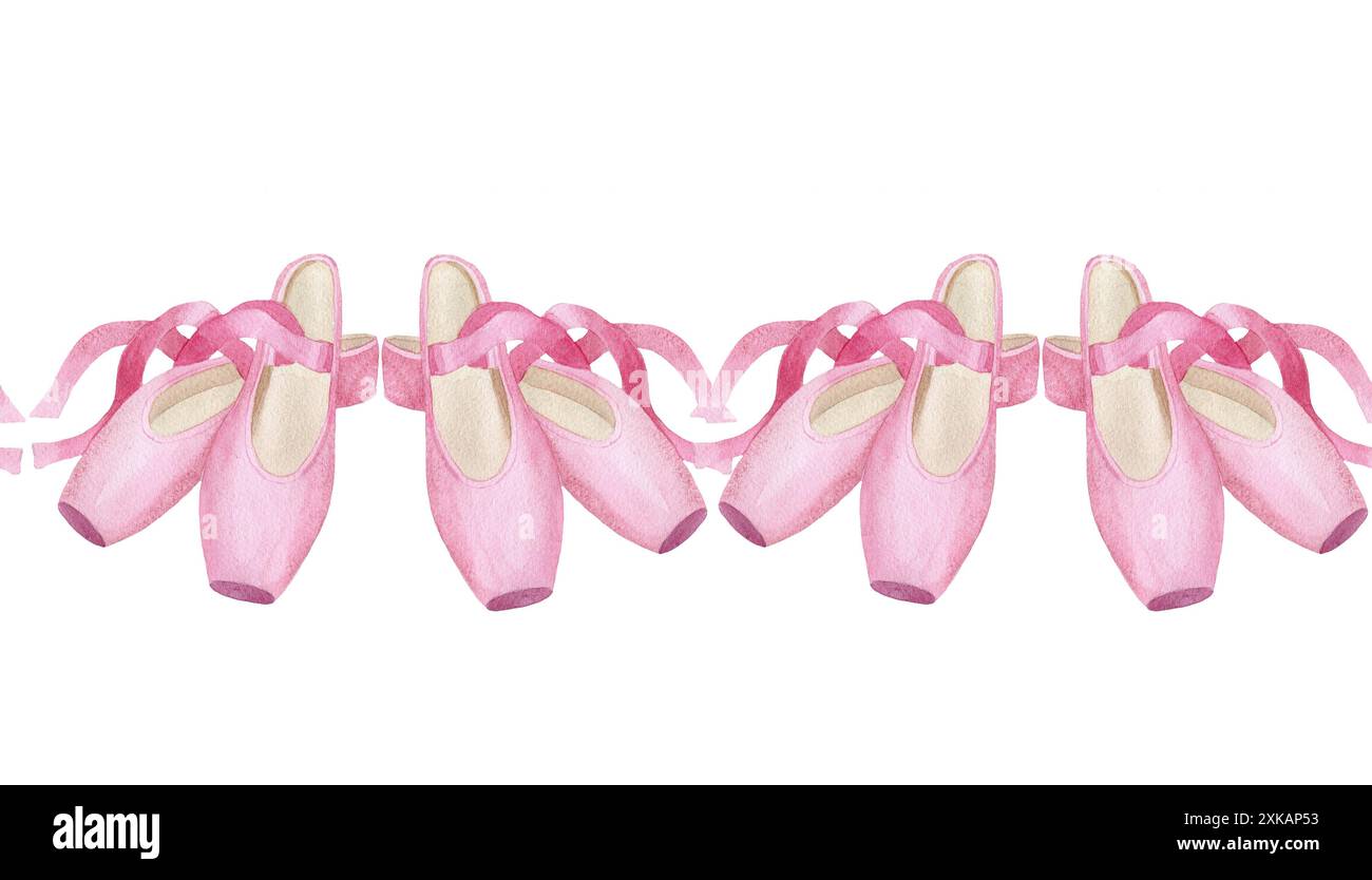 Seamless border with pink pointe shoes. Handmade watercolor ...