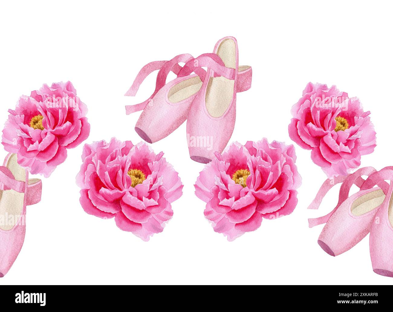 Seamless border with pink pointe shoes and peonies. Handmade watercolor ...