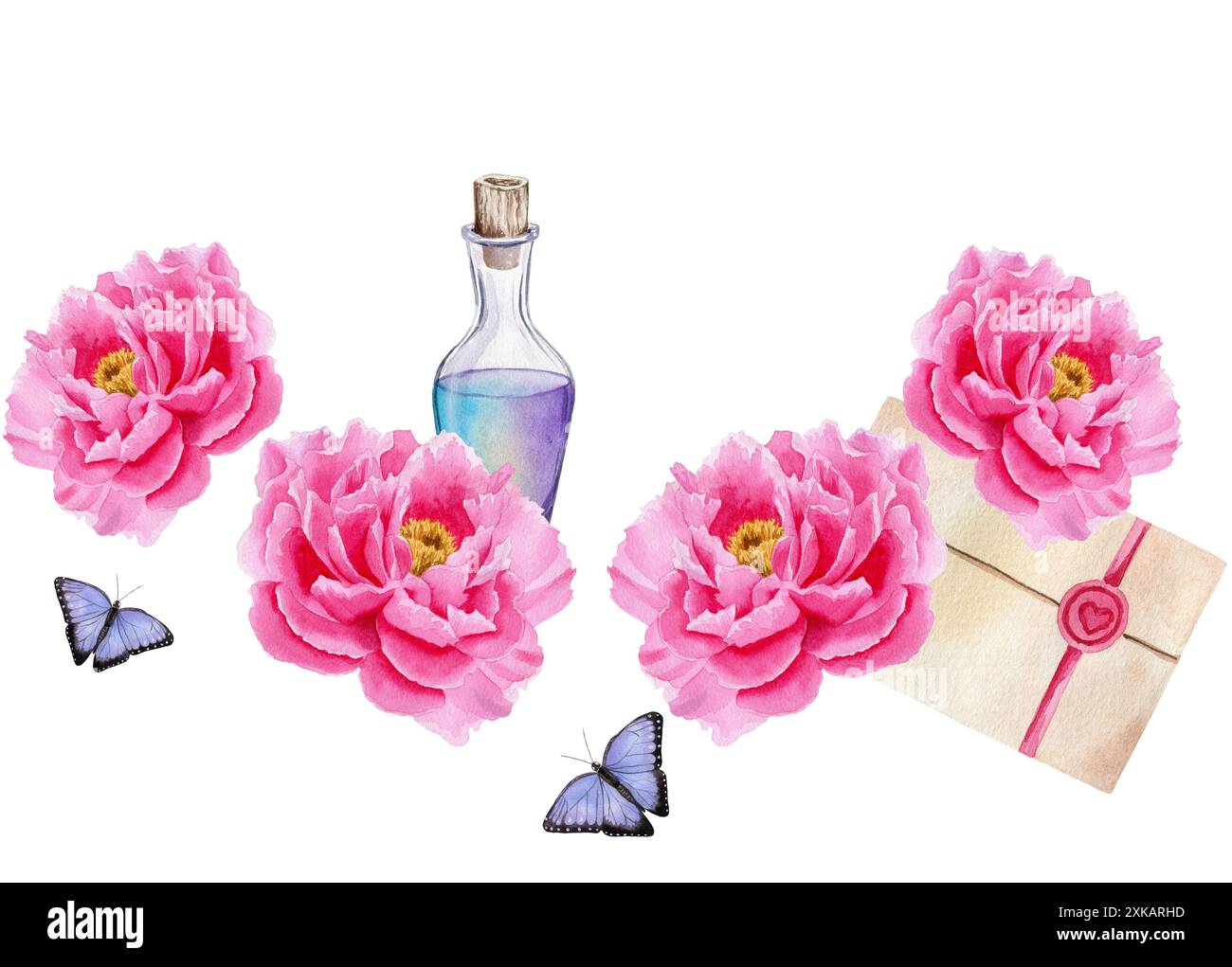 Seamless border with envelope, perfume bottle, butterfly and peonies. Handmade watercolor ...