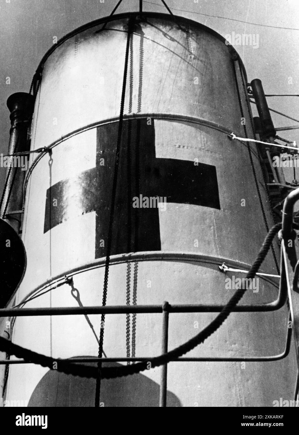 Red cross on the funnel of a hospital ship. Photo: Richter. [automated ...