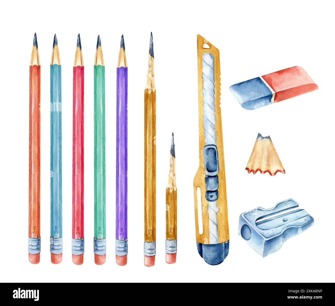 A large set of simple pencils with an eraser and sharpener. Watercolor ...