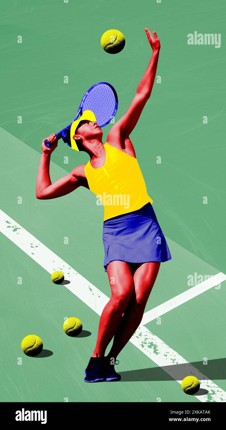 Full-length vertical image of female tennis player in motion, serving ...