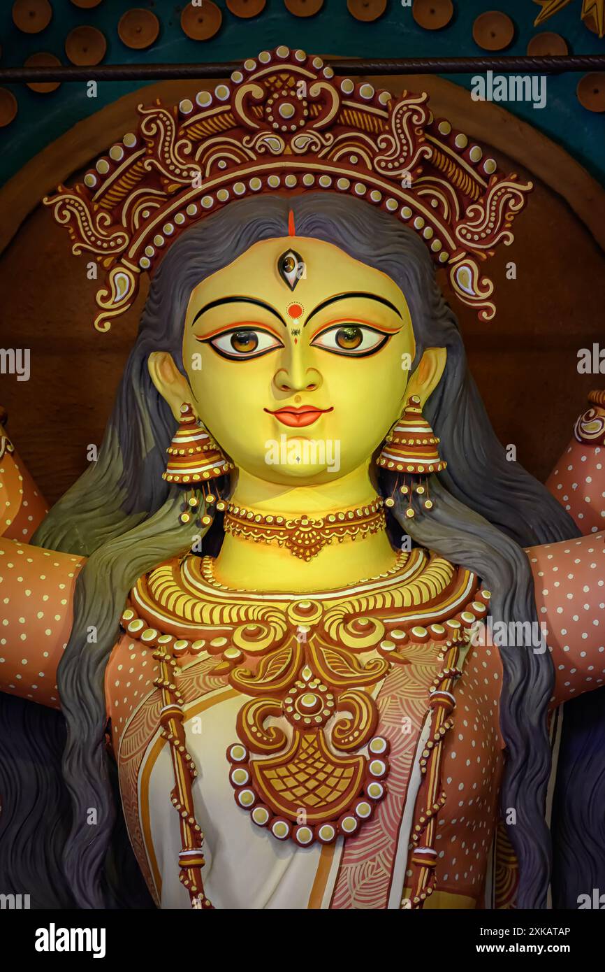 Idol of Goddess Devi Durga at a decorated puja pandal in Kolkata, West ...