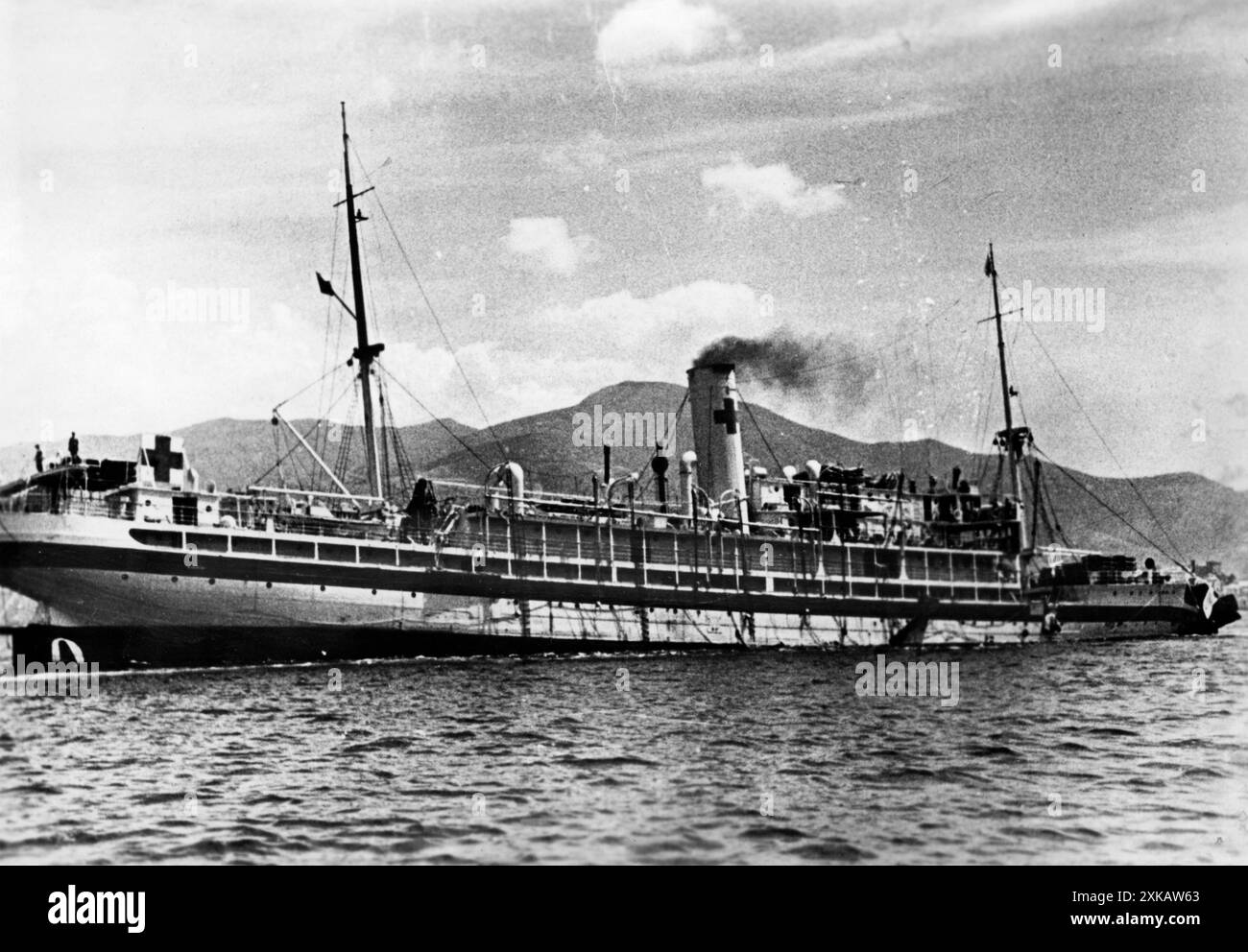 The hospital ship Erlangen with a sagging forecastle after an air raid ...