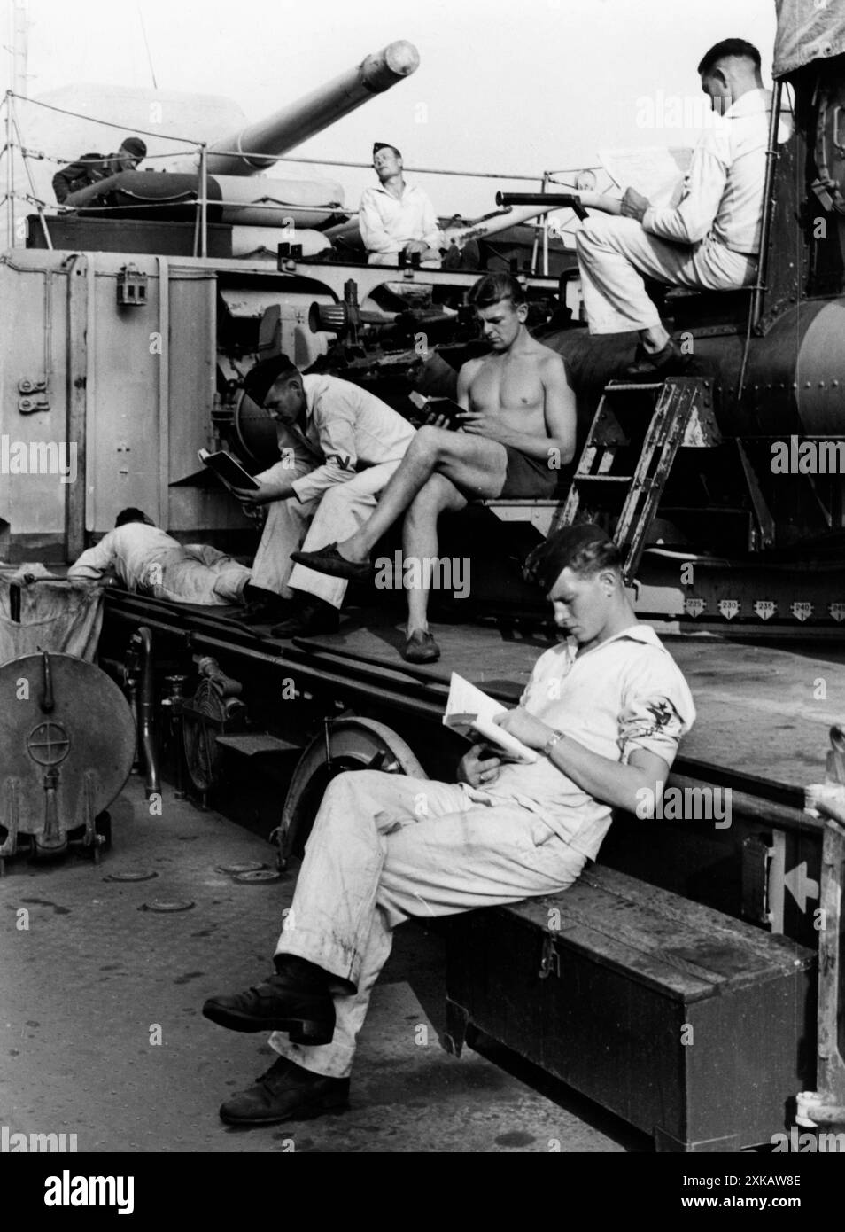 Sailors enjoying their free time on board an outpost boat. Undated ...