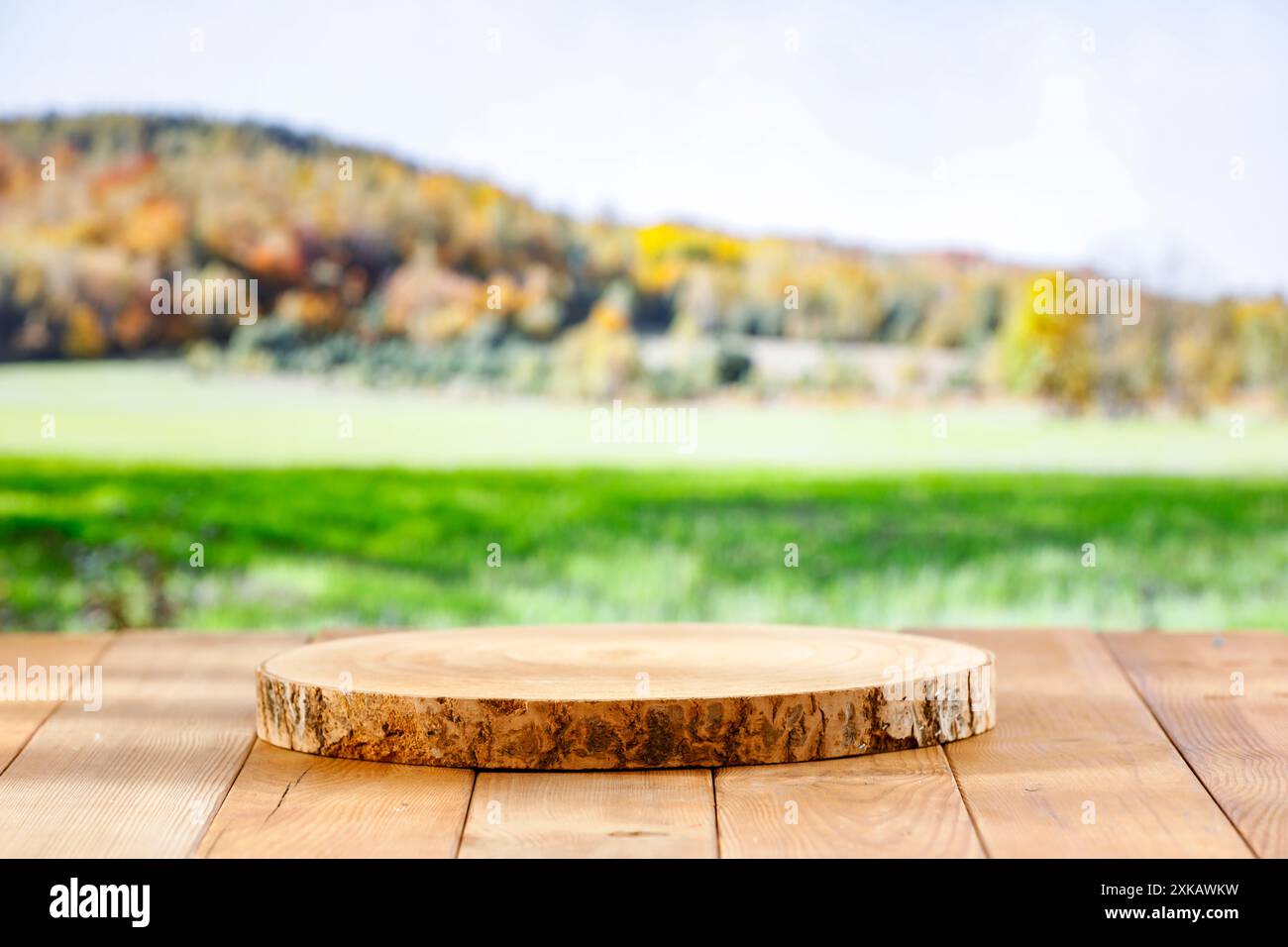 Empty wooden table with countryside fields background and copy space ...