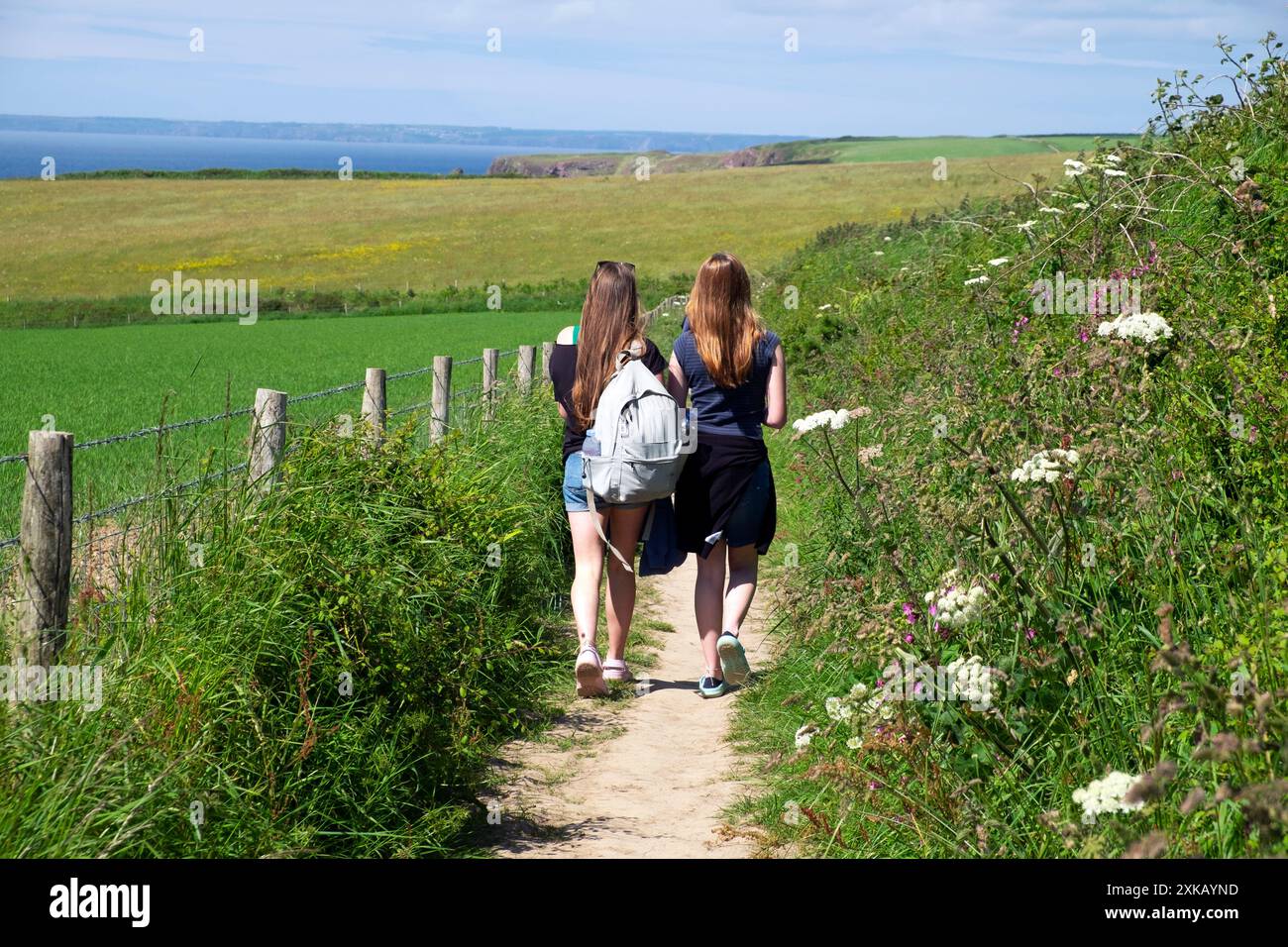 Rear back view of two young women teens girls walking along a path ...