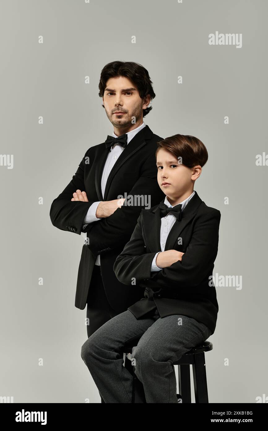 A father and son stand together in matching black suits, arms crossed ...
