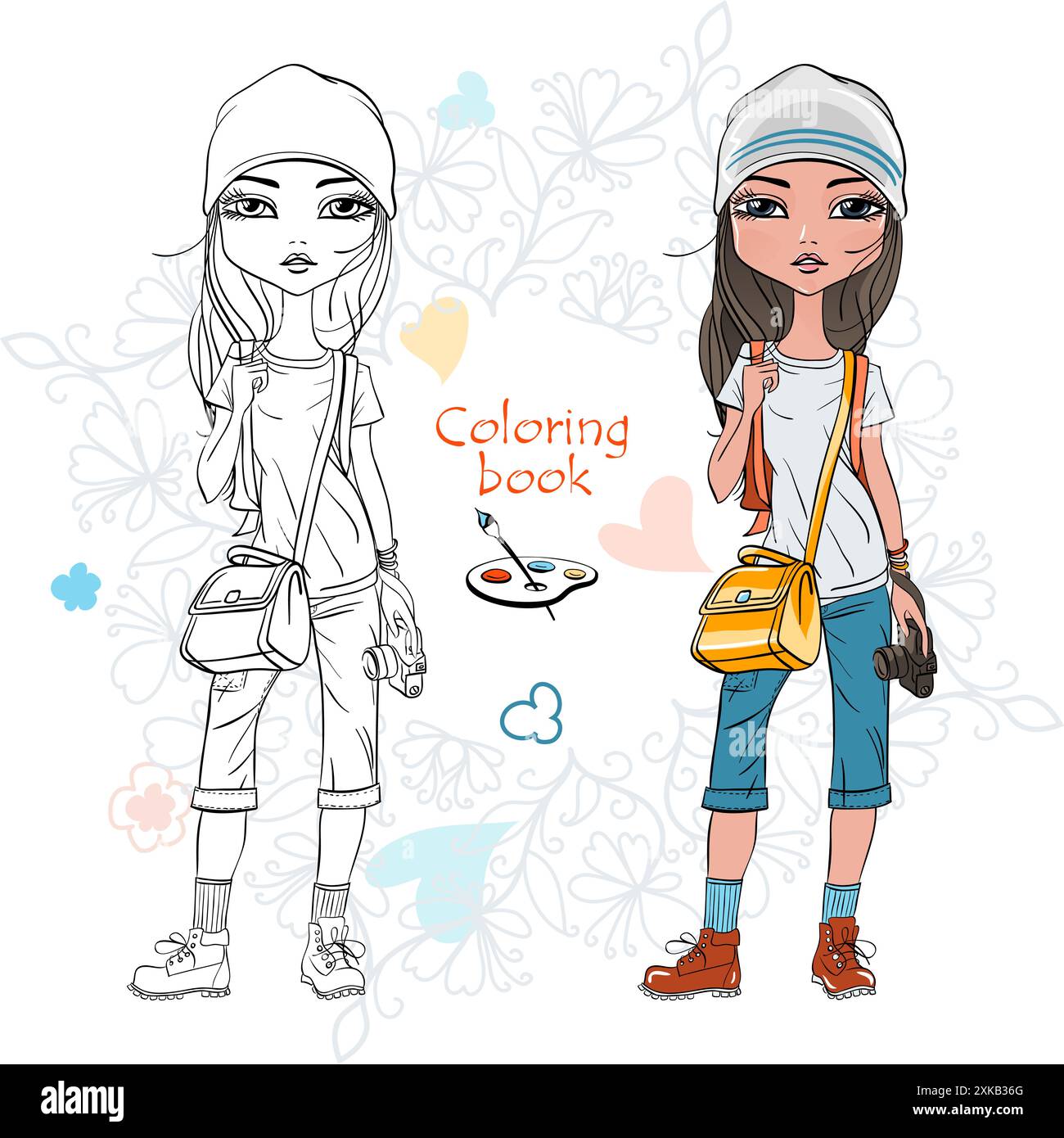 Vector Coloring Book page 21, Girl in beanie, T-shirt and capris with ...