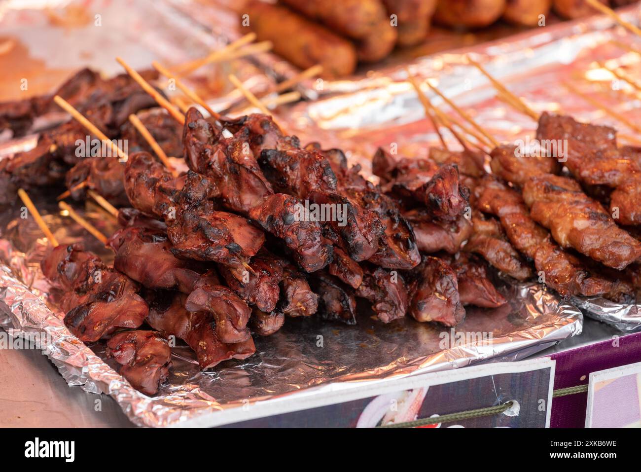 Thai style street food, meat on skewers. Chicken liver and pork Stock ...