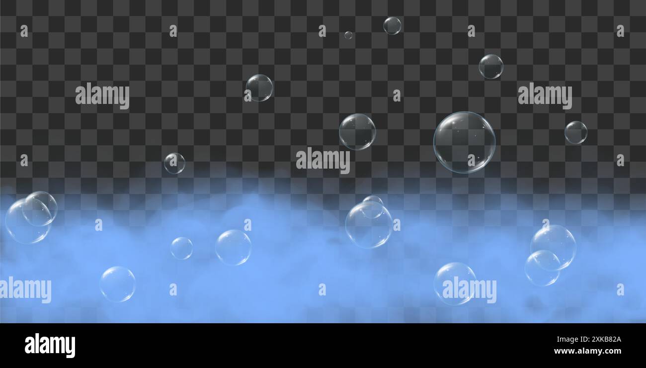 Blue bubble bath with soap bubbles flying up. Realistic 3D vector ...