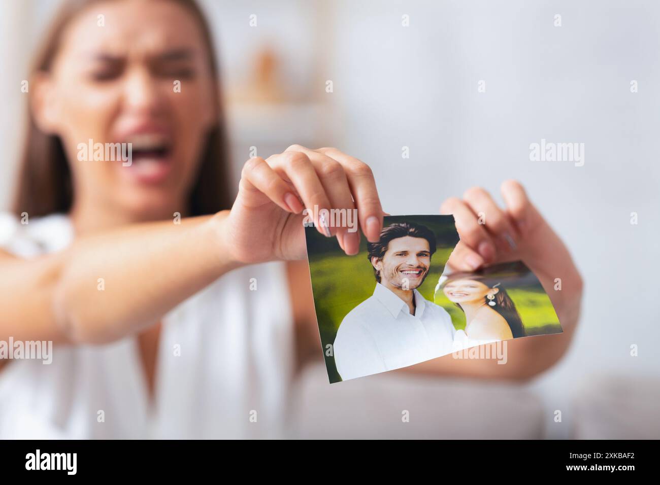 Angry Girl Tearing Photo With Ex-Boyfriend After Quarrel Sitting Indoor ...