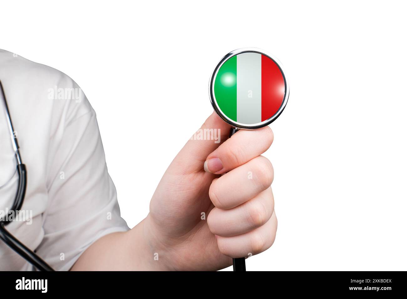 Medical stethoscope head in the shape of the flag of Italy in hand ...