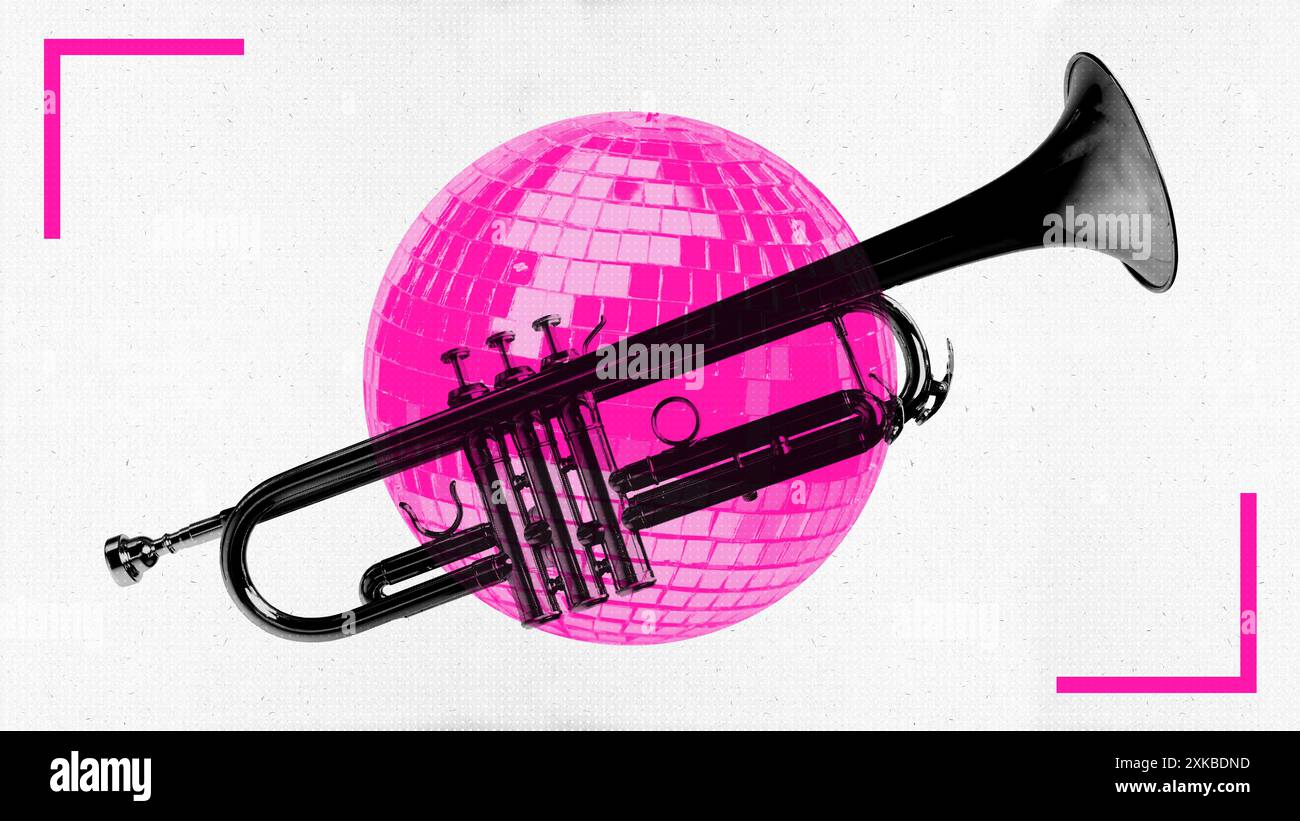 Contemporary art collage. Trumpet with vibrant pink disco ball, merging ...
