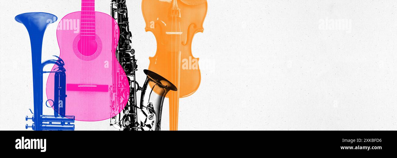 Contemporary art collage. Colorful silhouettes of violin, trumpet, sax ...