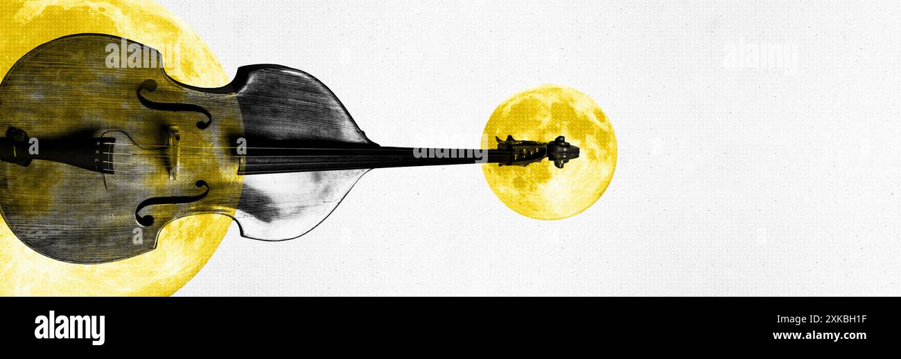 Contemporary art collage. Cello with two yellow moons in background ...