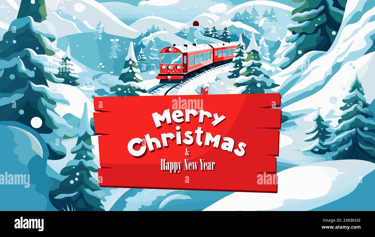 Merry Christmas and Happy New Year party train on horizontal greeting ...