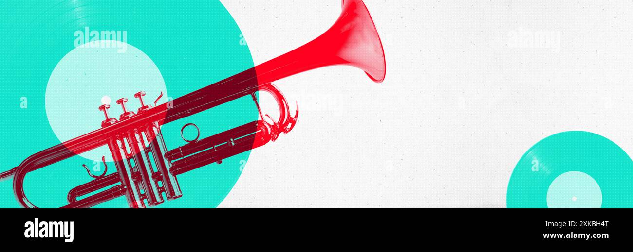 Contemporary art collage. Ret silhouette of trumpet on teal audio ...
