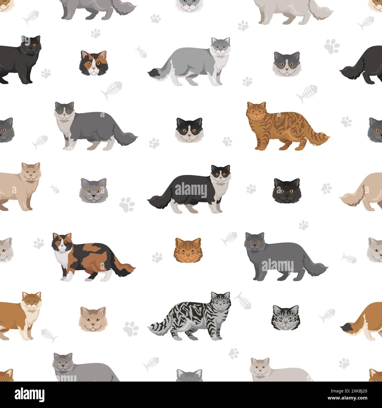 British longhair Cat seamless pattern. All coat colors set. All cat ...