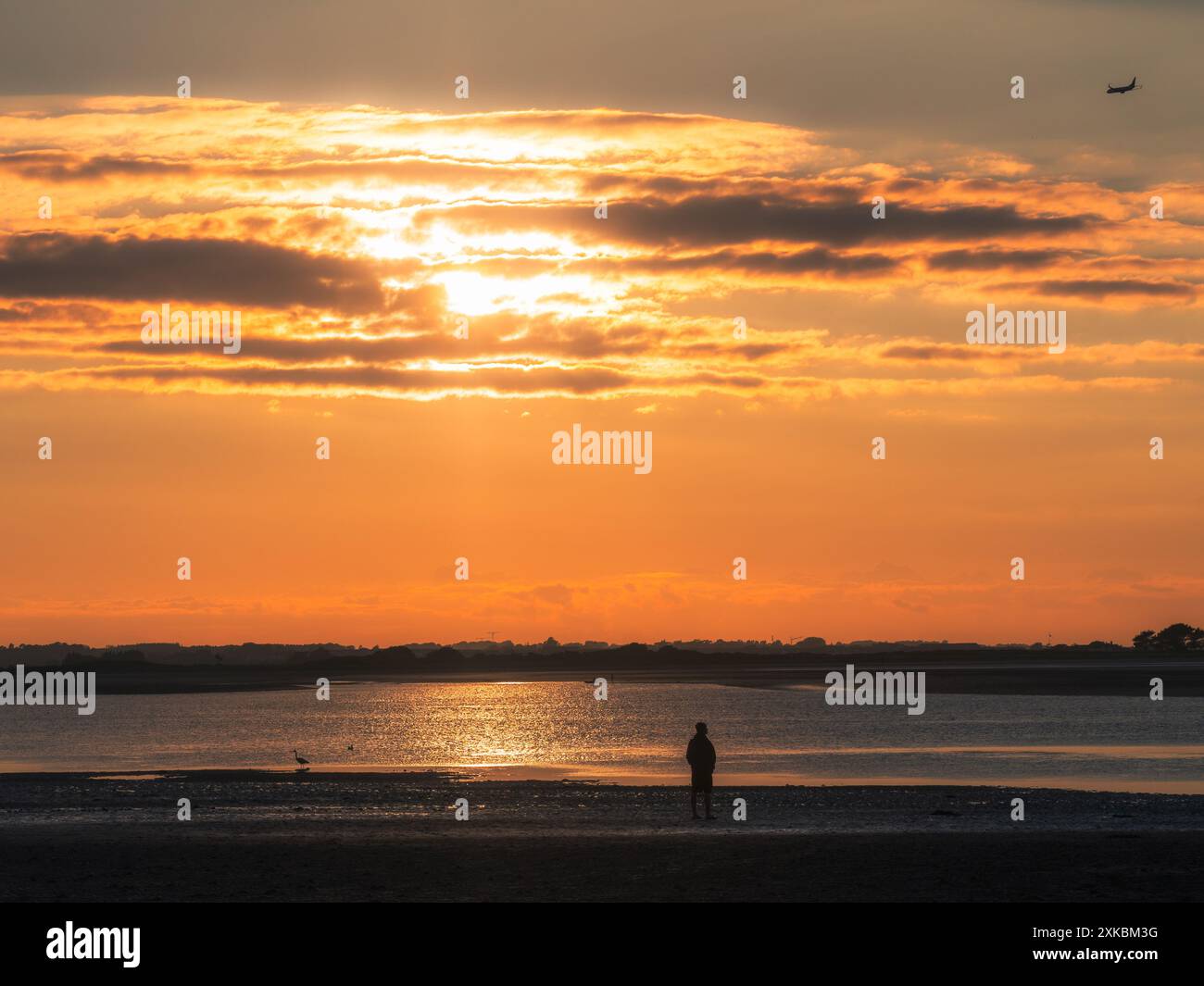 Person, plane and heron silhouettes at Burrow Beach during sunset Stock ...