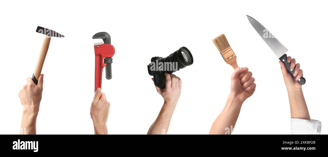 Different professions. Many various tools in people's hands isolated on ...