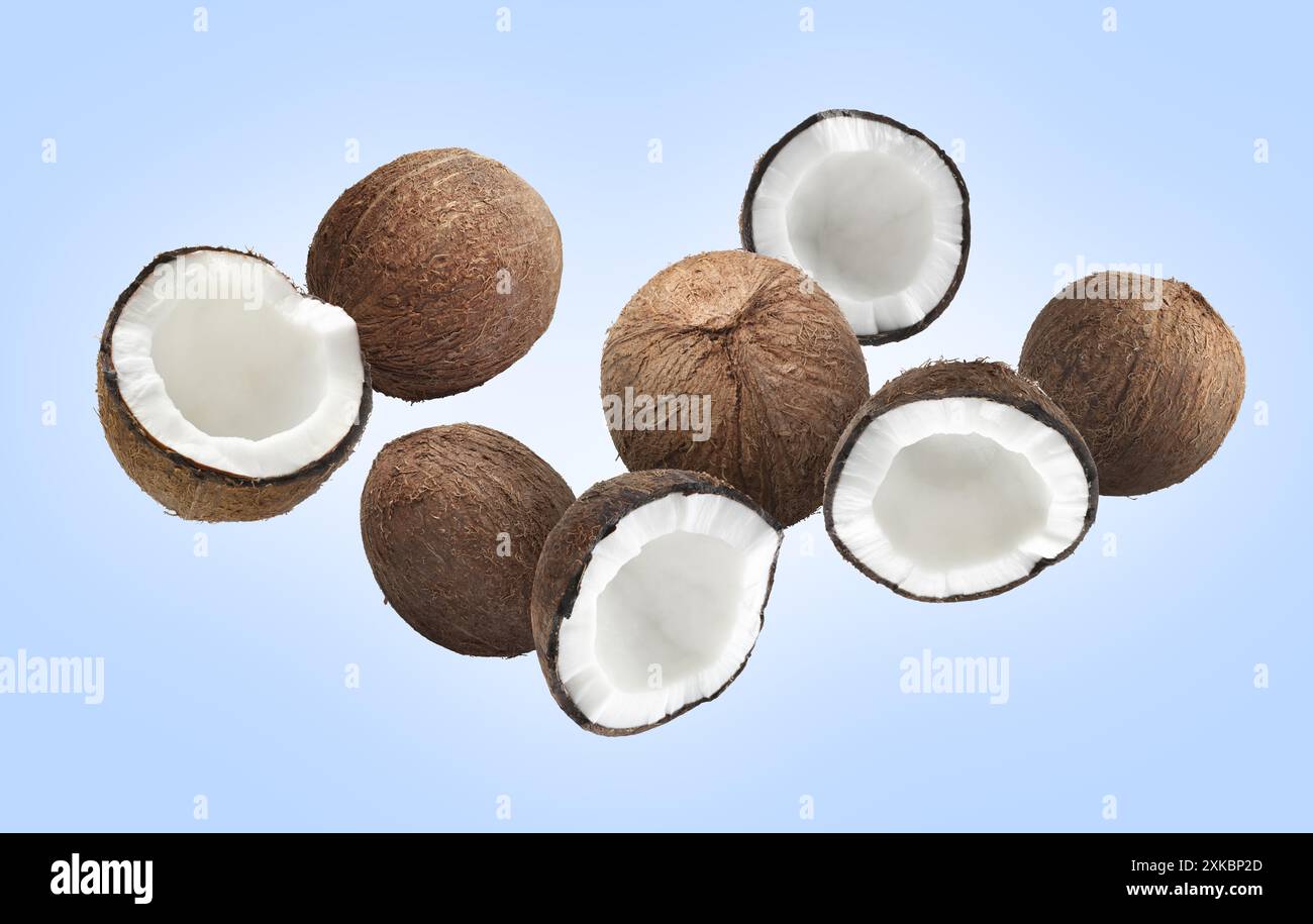 Many coconuts in air on light blue background Stock Photo - Alamy