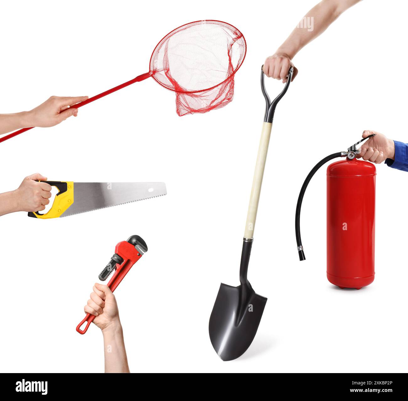 Different professions. Many various tools in people's hands isolated on ...