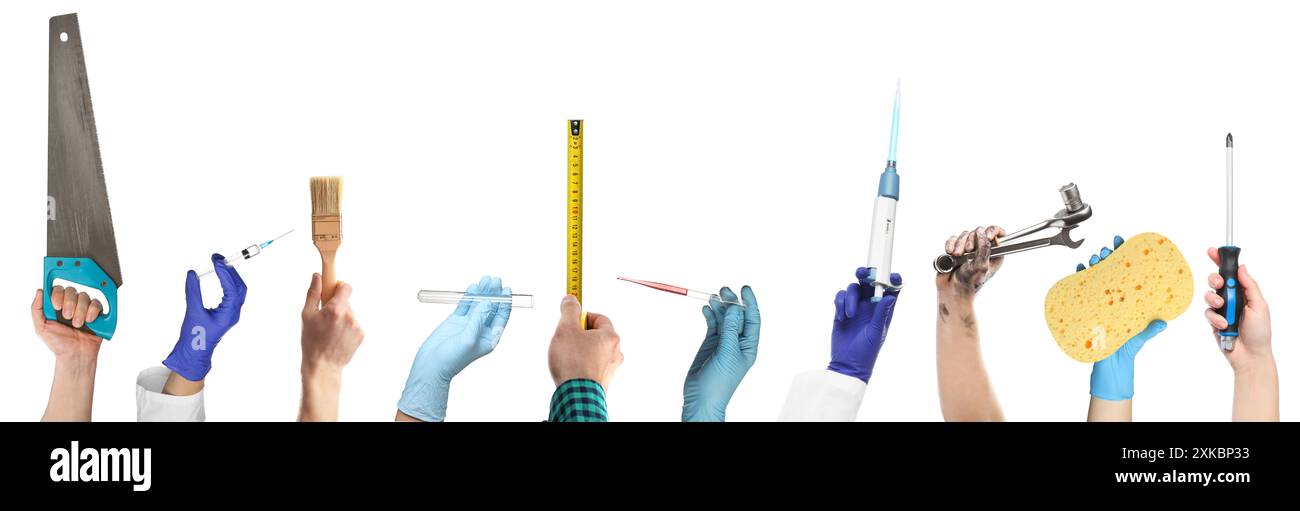 Different professions. Many various tools in people's hands isolated on ...