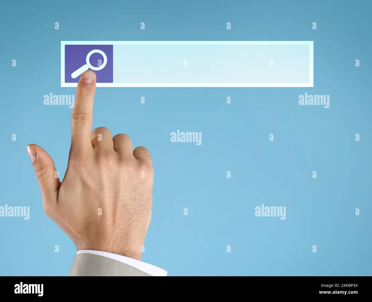 Woman using search bar on virtual screen against light blue background ...
