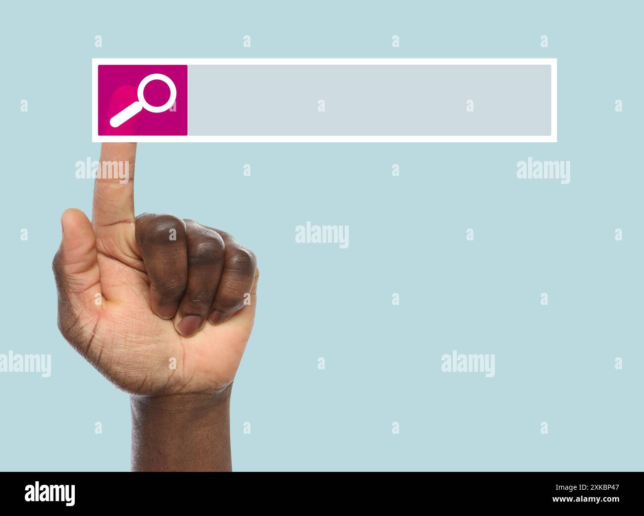 Man using search bar on virtual screen against light turquoise ...