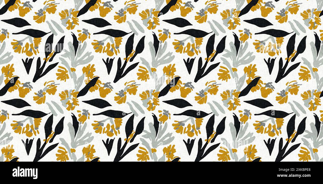 Modern printed fabric flower block print pattern with linen texture ...
