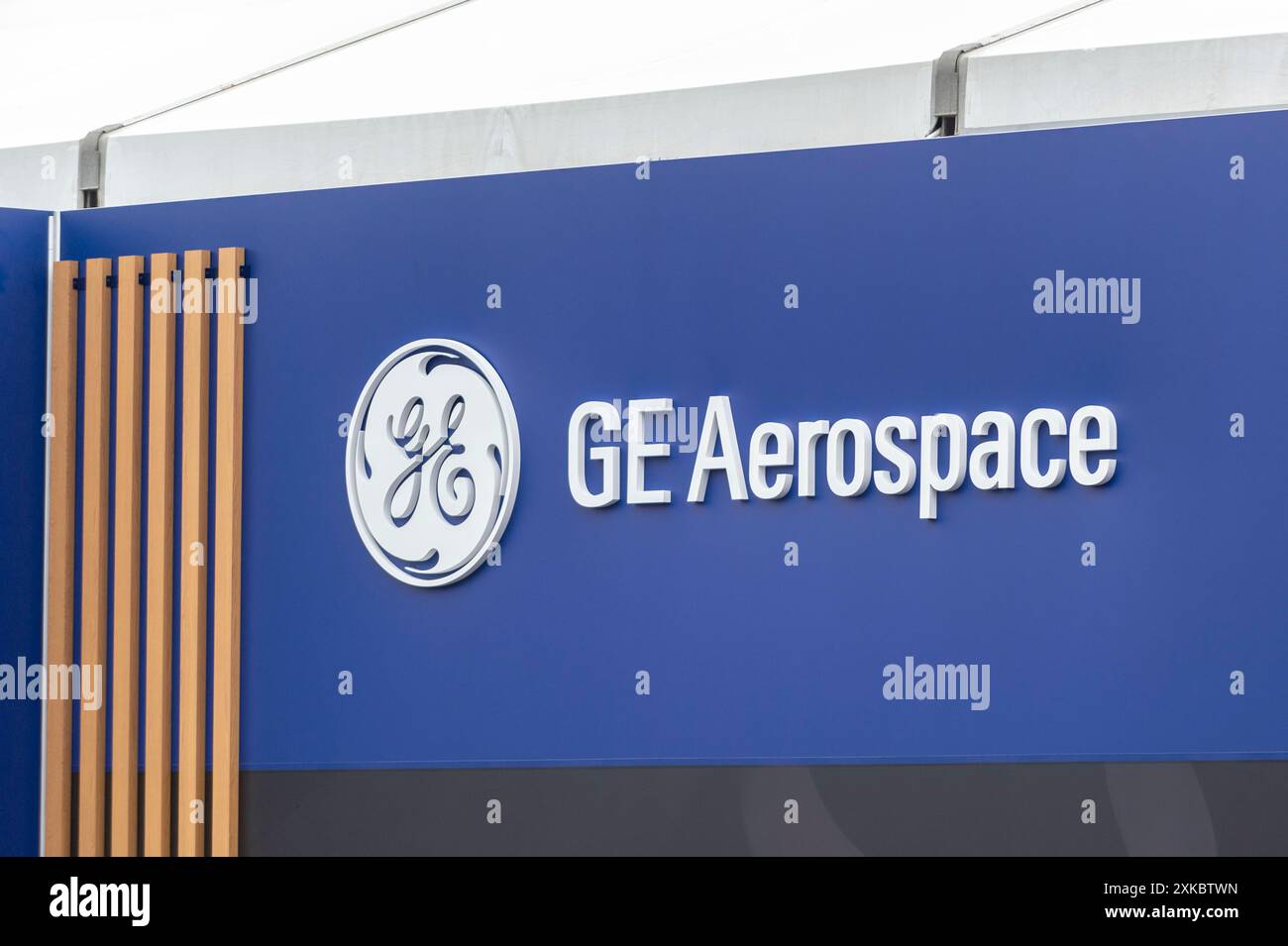 Farnborough, UK. 22 July 2024. Signage for GE Aerospace at Farnborough ...