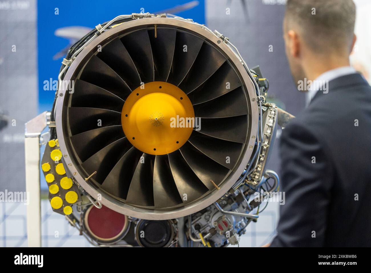 Farnborough, UK. 22 July 2024. An AI-322F Turbofan Engine with ...