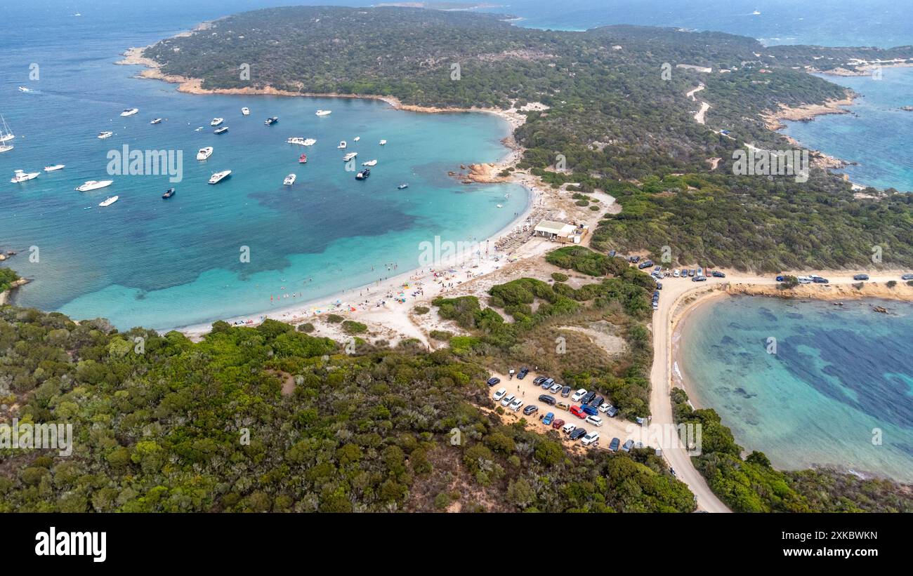 Aerial view of the Spiaggia dei Due Mari on the island of Caprera in ...