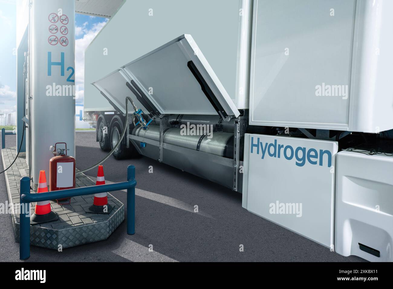 A hydrogen fuel cell semi truck with H2 gas cylinder onboard next to ...
