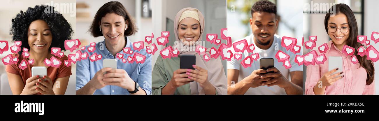 Diverse Group of People Using Smartphones With Social Media Hearts ...
