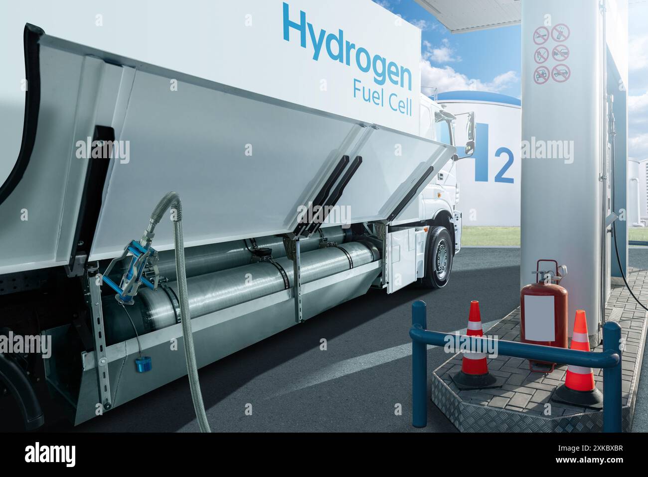 A hydrogen fuel cell semi truck with H2 gas cylinder onboard next to ...