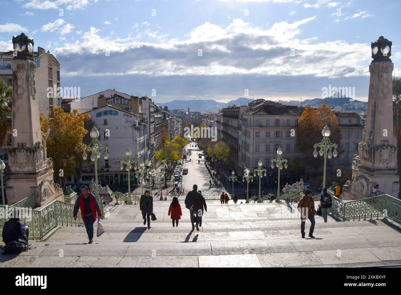 Marseille, France, 2019. People walk on the steps at Marseille-Saint ...