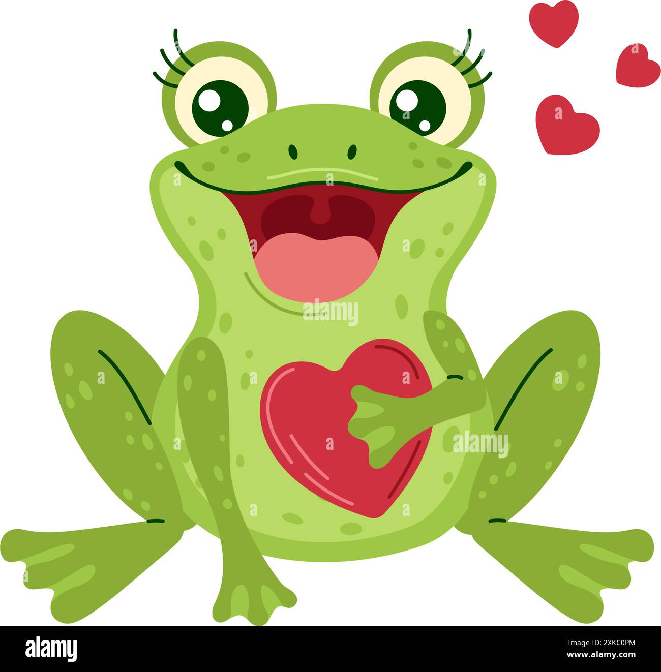 An adorable green frog holds Red heart in its paws and small red hearts ...