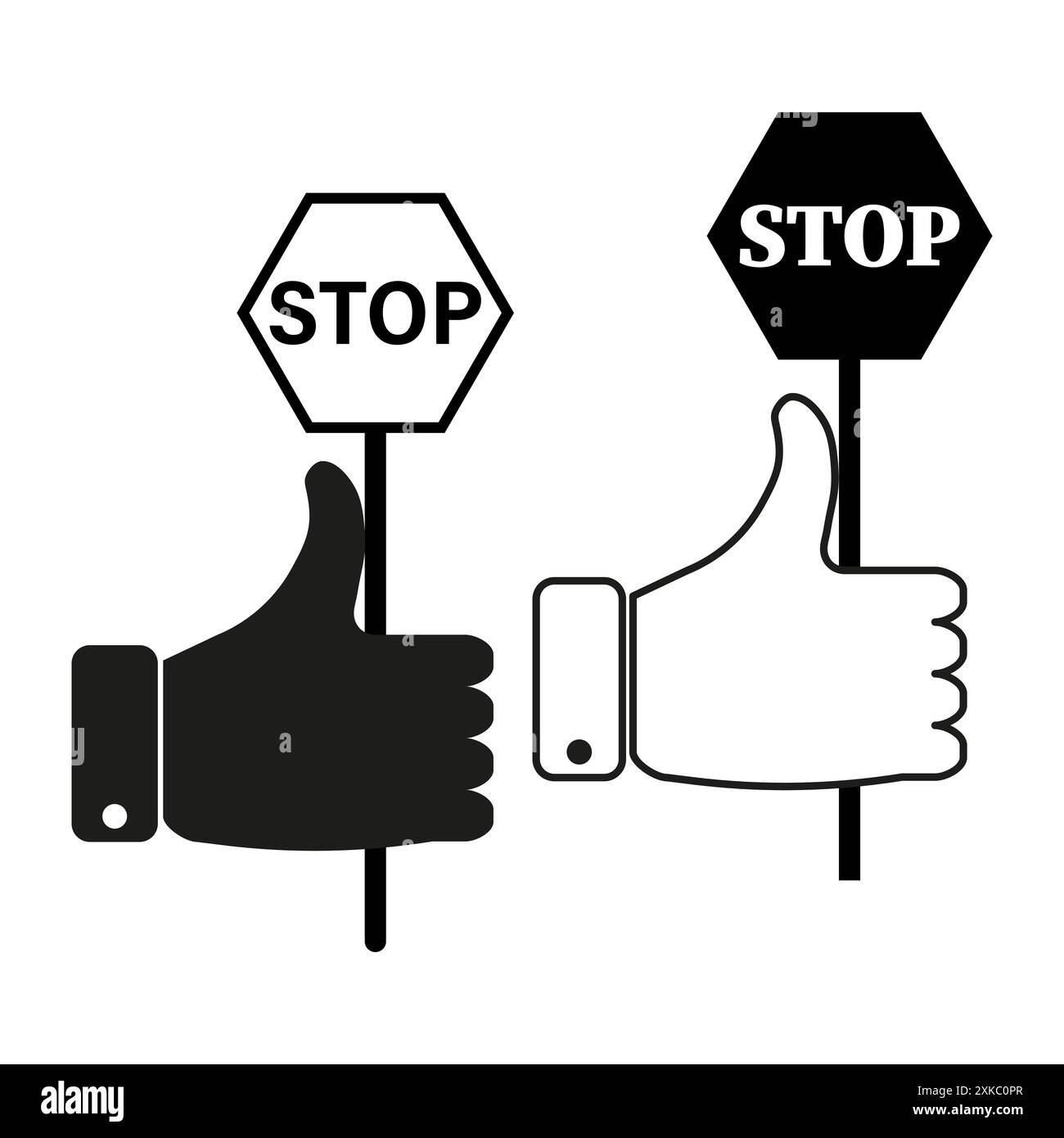 Thumbs up stop sign icons. Hand holding octagon symbol. Vector ...