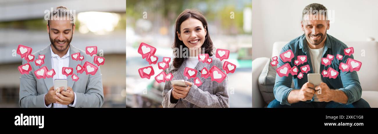 Diverse Group of People Using Smartphones, Receiving Social Media Likes ...