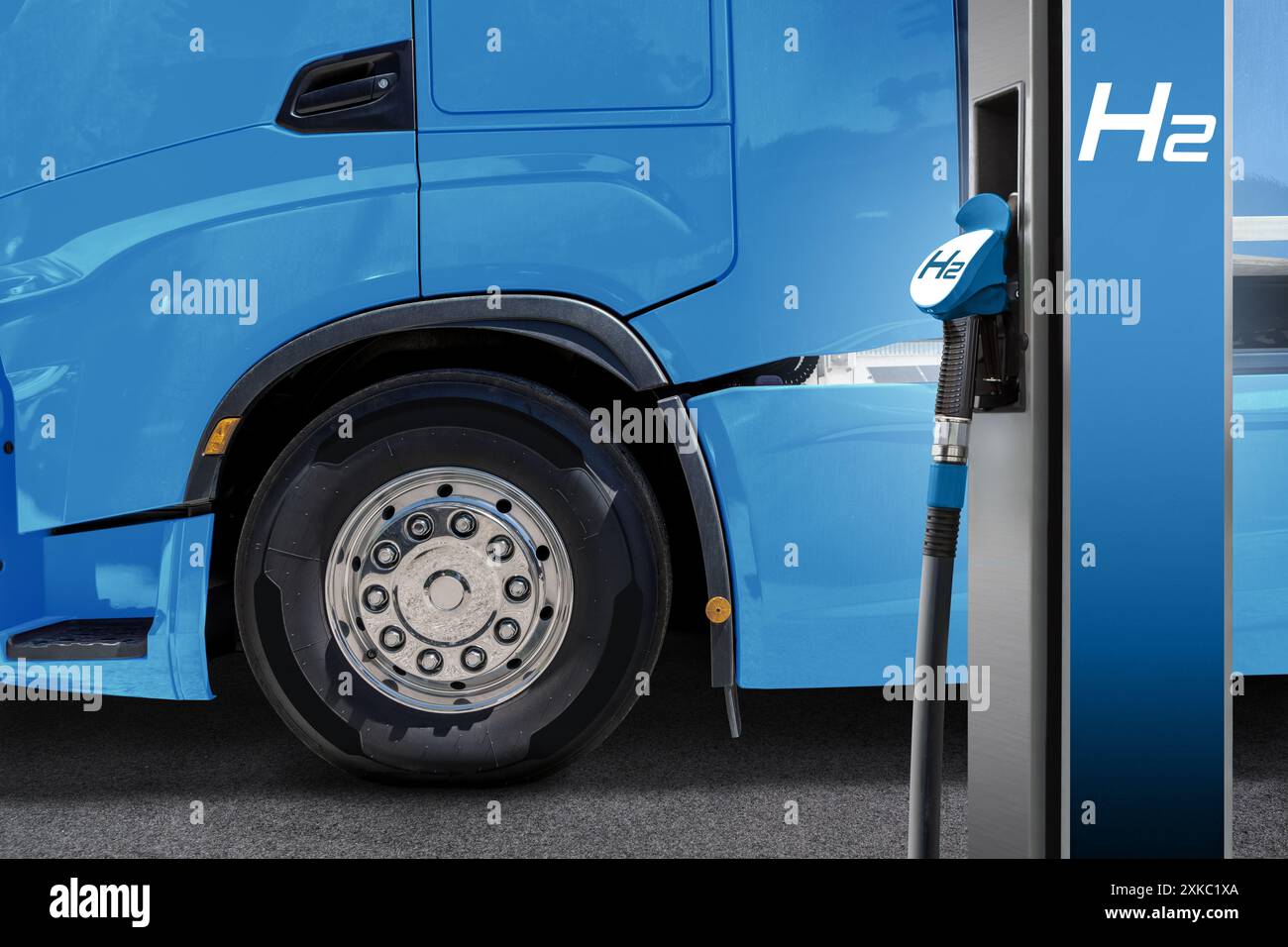 A hydrogen fuel cell semi truck next to filling station. Eco-friendly ...