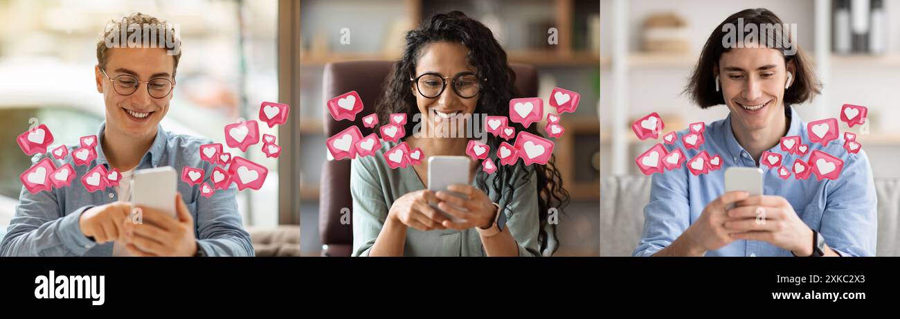 Happy Young Adults Using Smartphones, Receiving Likes on Social Media ...