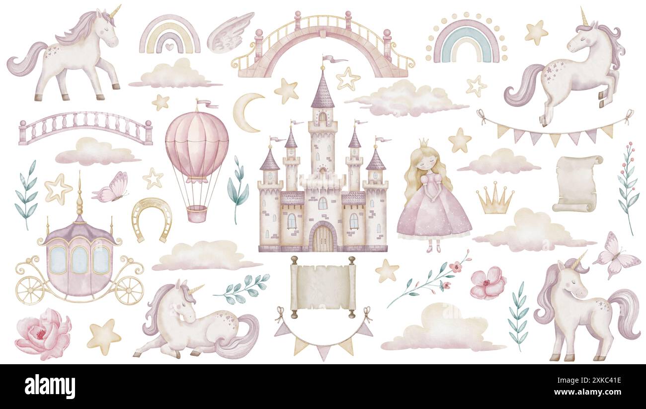 Watercolor clipart with Unicorns and princess castle in pastel pink and ...